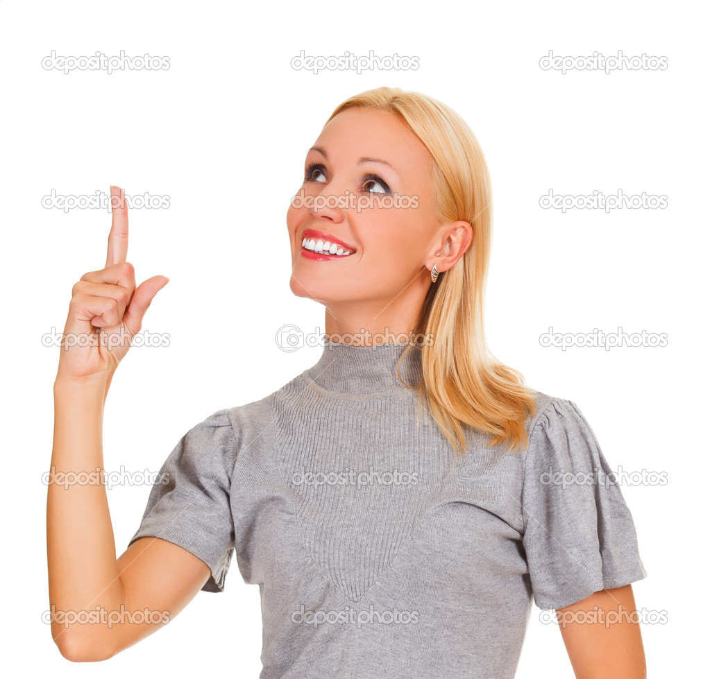 Excited woman pointing at something interesting — Stock Photo ... Excited woman pointing at something interesting — Stock Photo ...