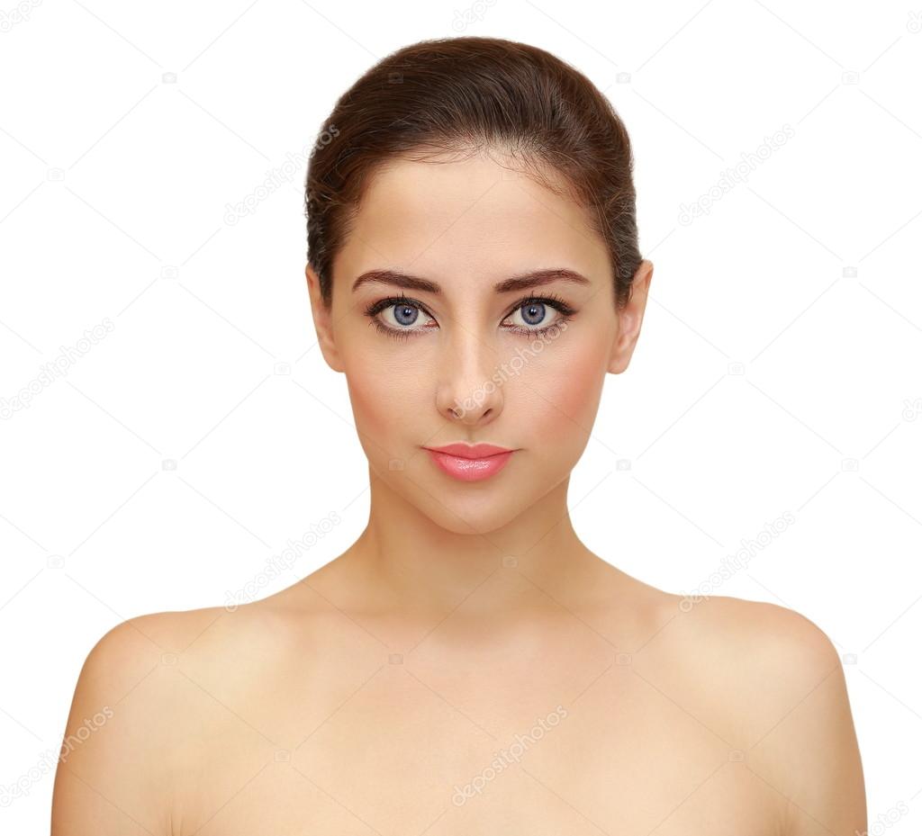 Retrato Frontal De Rosto De Mulher Beleza Isolado No Branco Closeup P