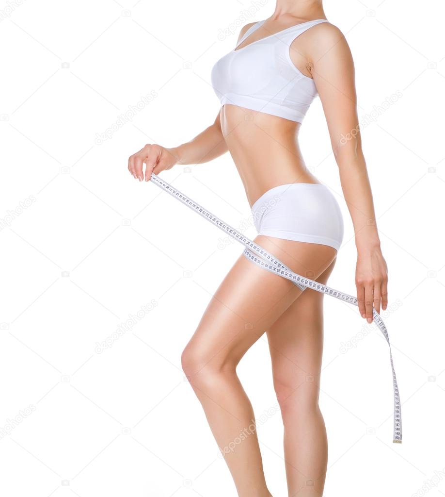 Woman Measuring Her Perfect Body Healthy Lifestyle Concept — Stock
