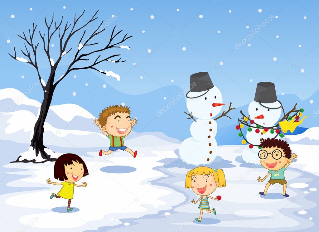 Niños jugando en la nieve — Vector de stock © interactimages #27416127