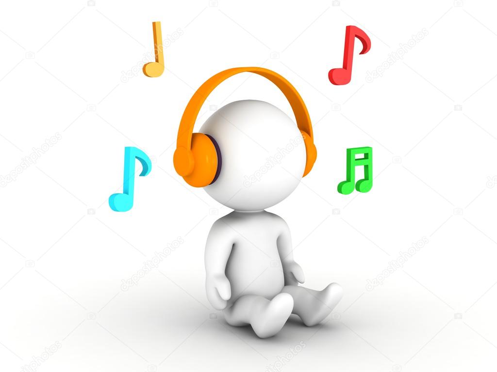 3D homme écoute au casque, avec des notes de musique — Photo #31972295