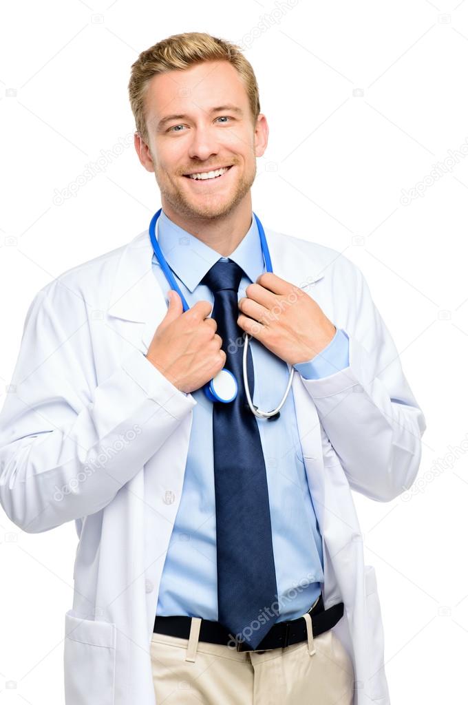 Full length of confident young doctor on white background — Stock Photo ... Full length of confident young doctor on white background — Stock Photo ...