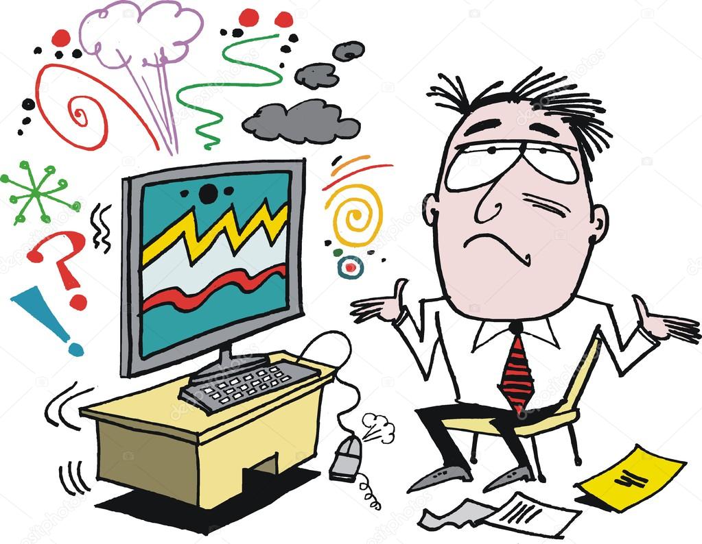 Vector Cartoon Of Frustrated Man With Defective Computer — Stock
