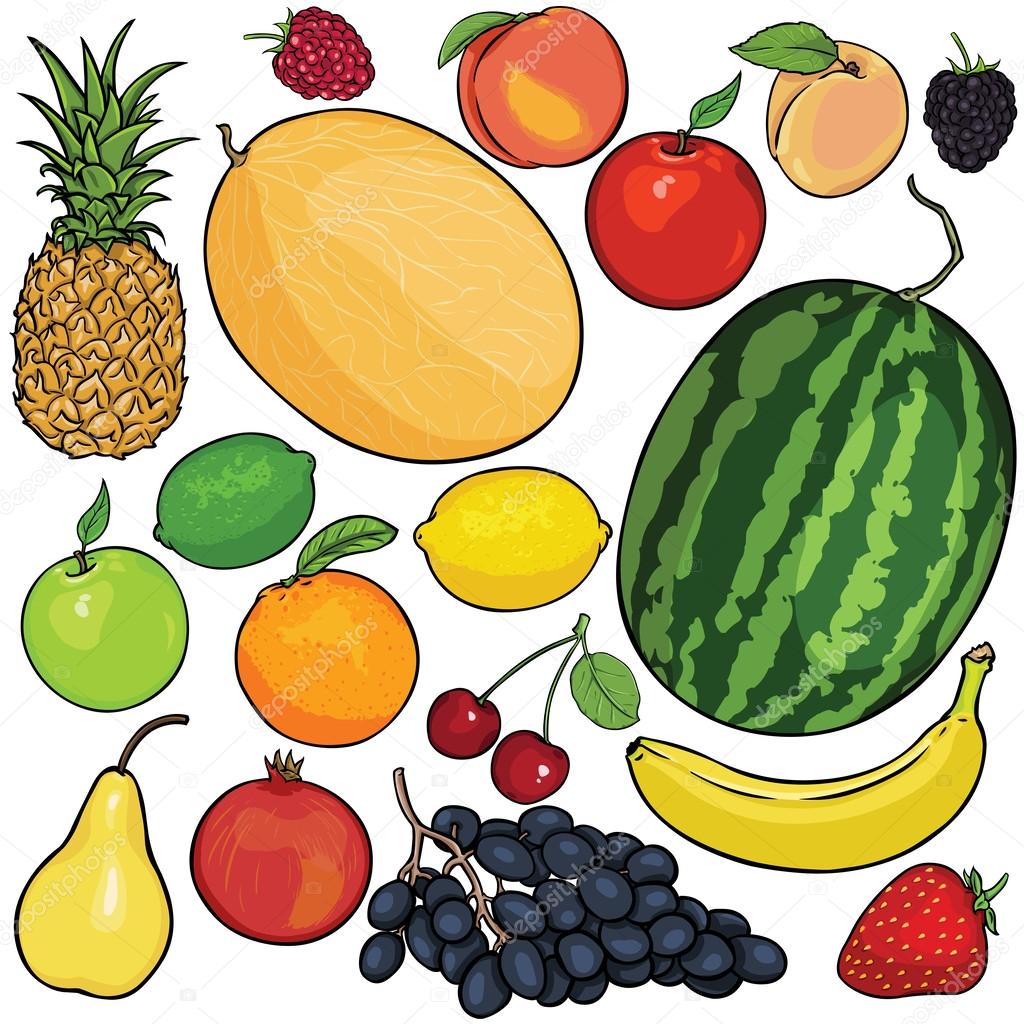 Vector Set Of 18 Cartoon Fruits Pineapple Raspberry Peach Melon