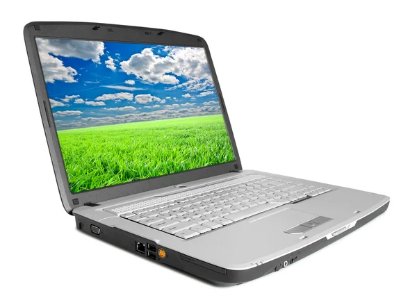 Laptop computer sideways with photo of sky and clouds (my photo) Stock ...