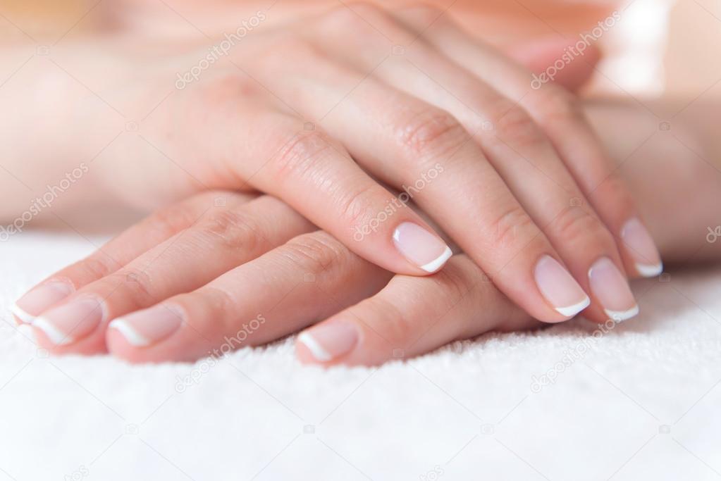 Beautiful hand with perfect nail french manicure — Stock Photo ...
