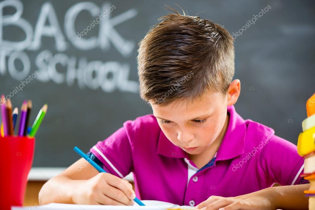 Cute school boy studying in classroom — Stock Photo © petrograd99 #30751379