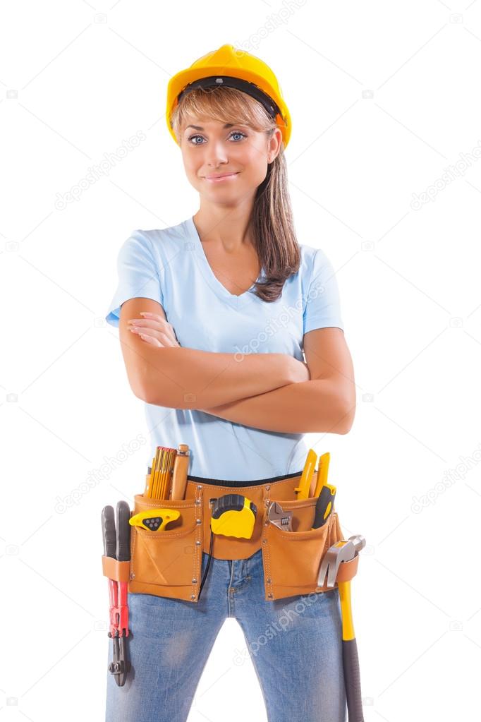 Portrait of gorgeous female carpenter isolated on white Stock Photo by ...