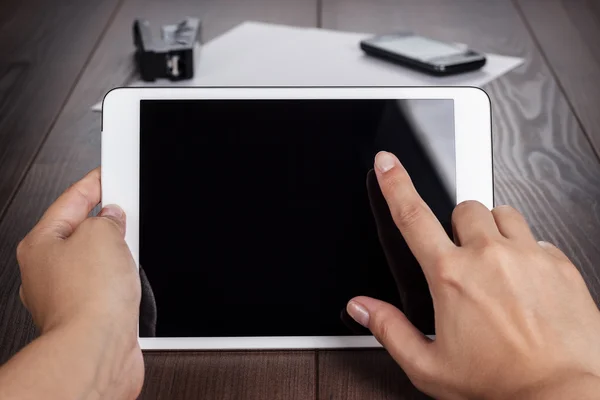 Women hands with tablet computer and coffee on table — Stock Photo ...