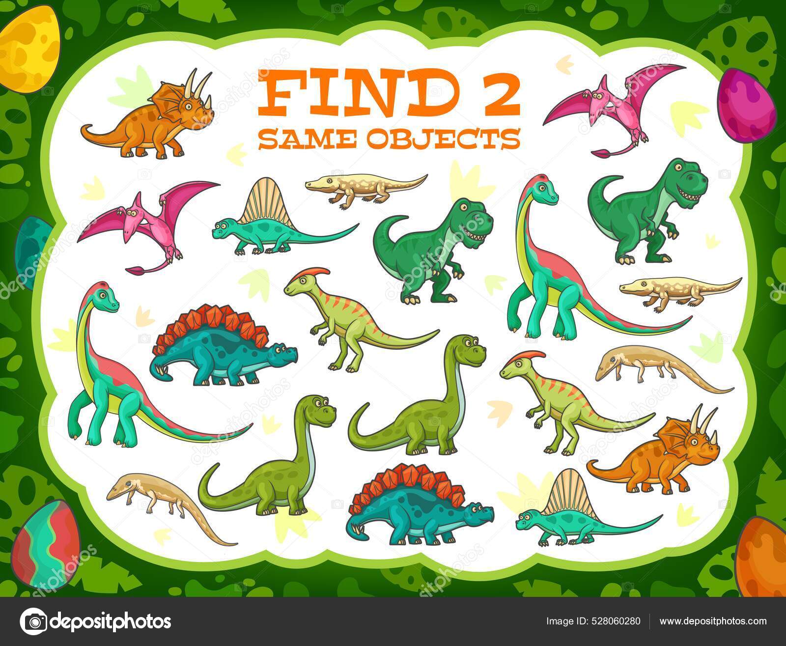 Kids Game Find Two Same Cartoon Dinosaurs Jungle Vector Boardgame Stock ...