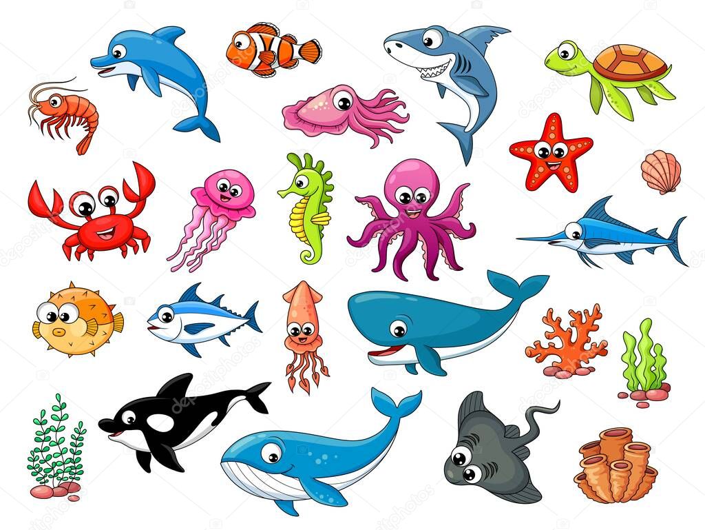 Dibujos Animados Animales Submarinos Personajes Peces Vectores Del ...