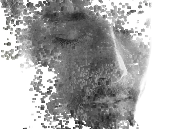 A flow of particles forming a portrait of a man - Stock Image - Everypixel