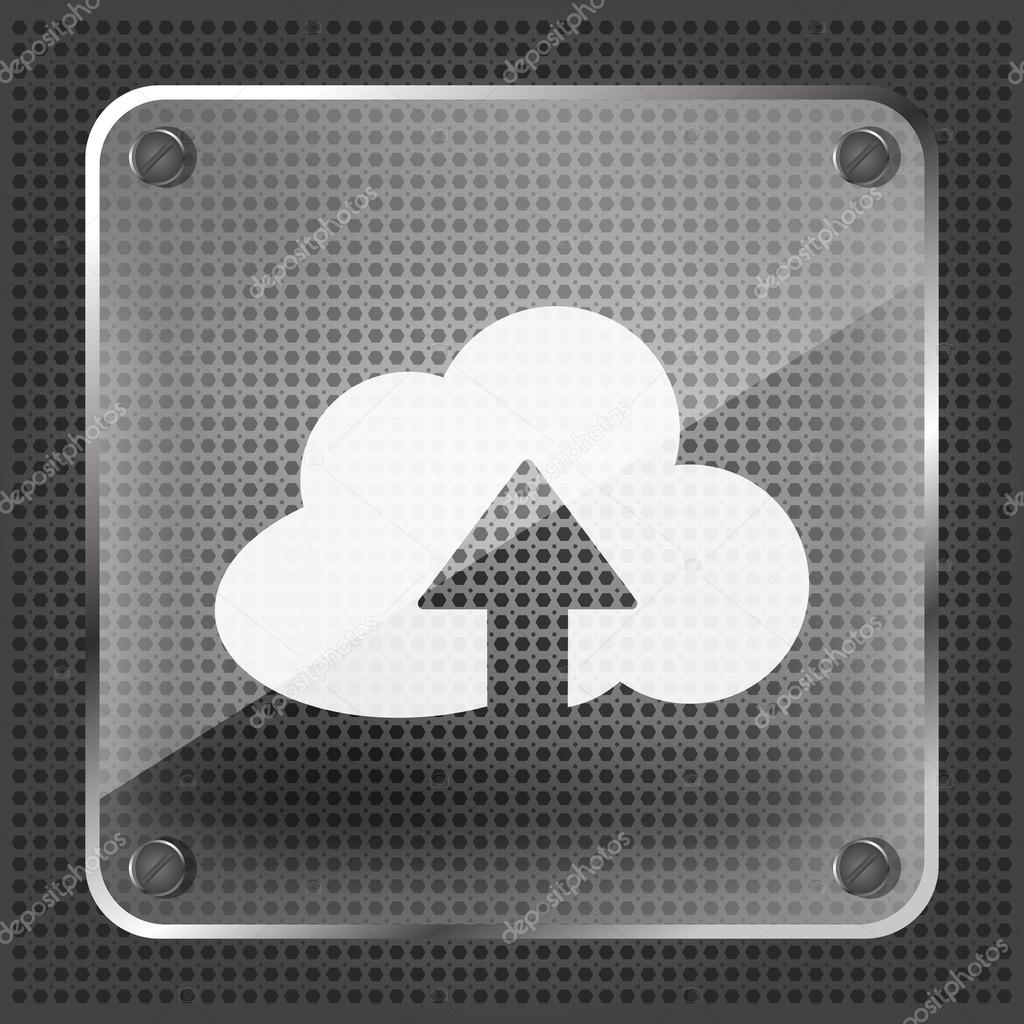 Glass button with cloud icon and arrow on a metallic background Stock ...