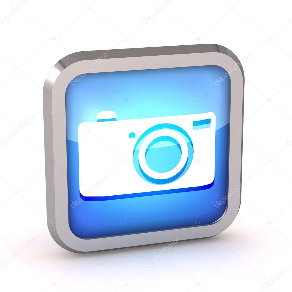 Blue digital camera icon button on a white background — Stock Photo ...