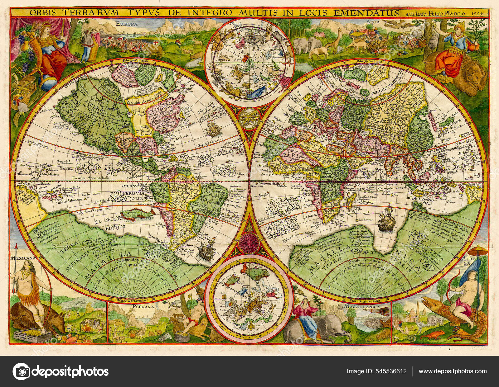 High Quality Antique World Map Petro Plancio 1594 — Stock Photo ...