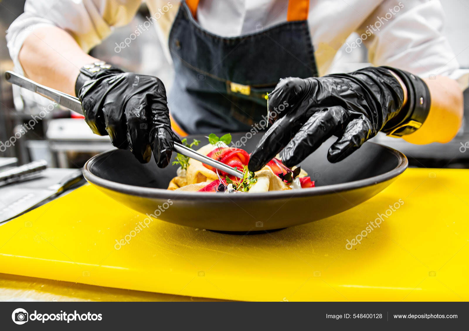 Chef's Hands Gloves Cooking Fried Thin Pancakes Crepes Smoked Gravlax ...