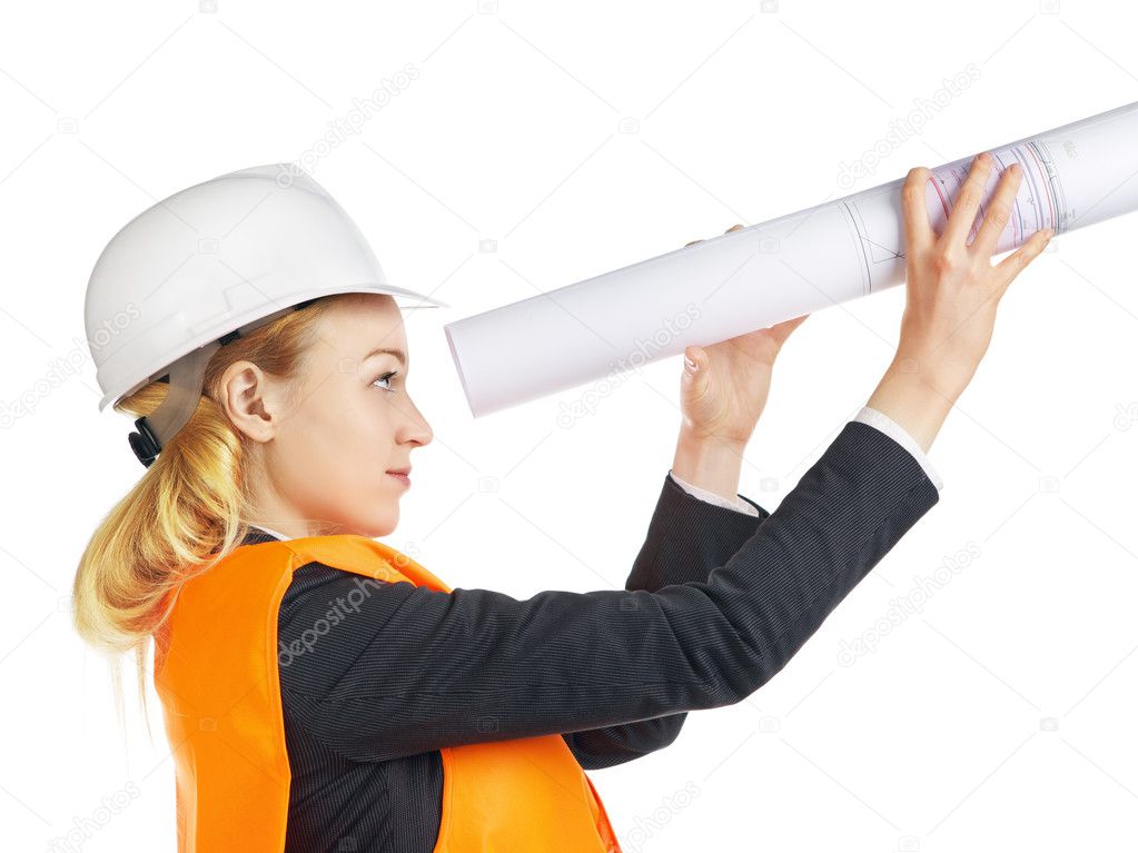 Engineer Woman With Drawing — Stock Photo © mr_Brightside #50314965