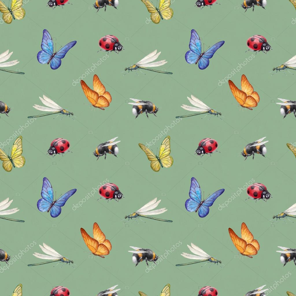 Seamless pattern with watercolor insects illustrations — Stock Photo ...
