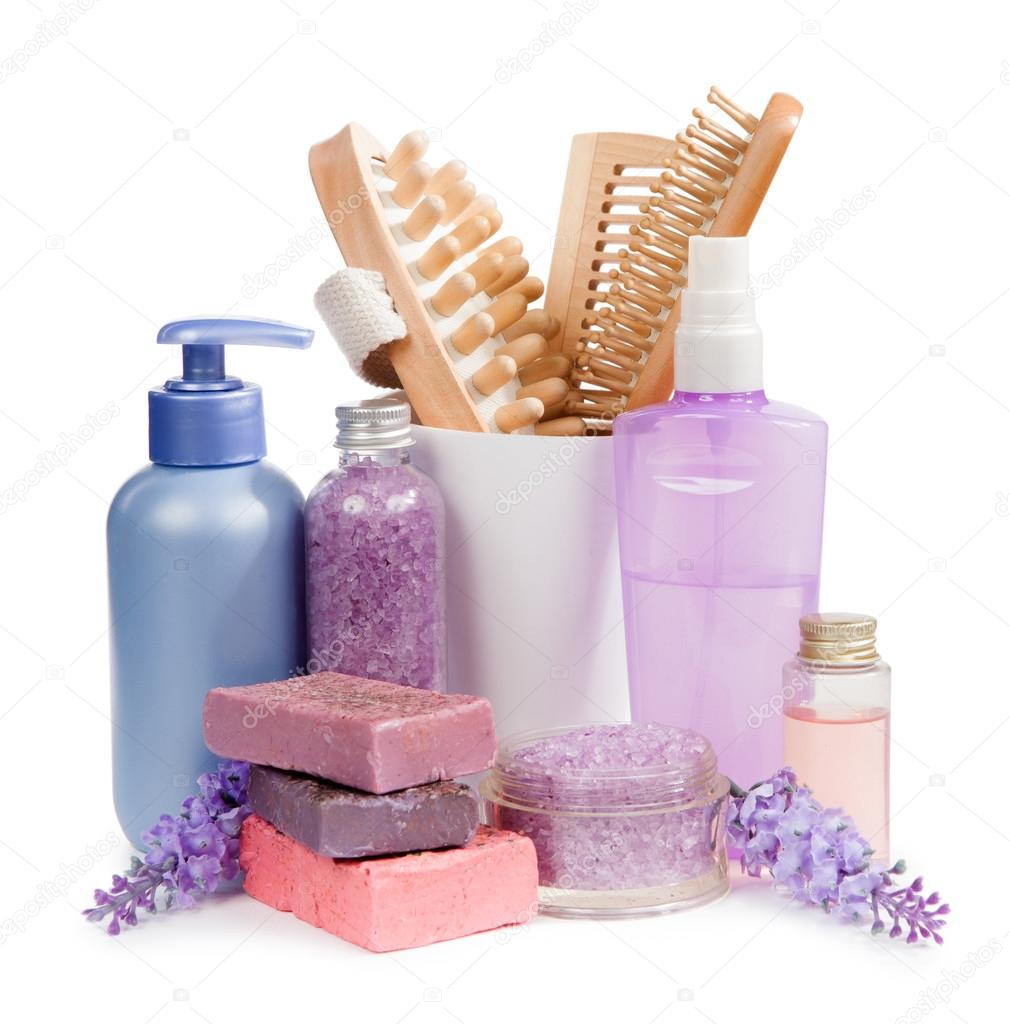 Shampoos, combs and handmade soap isolated on white background Stock ...