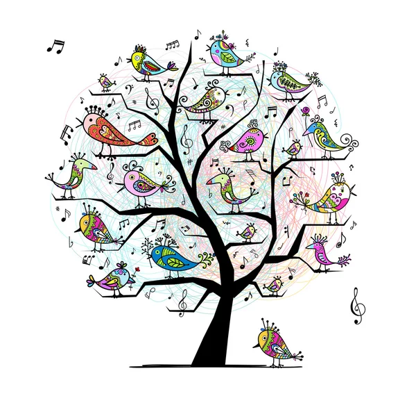 Funny tree with singing birds for your design — Stock Vector ...