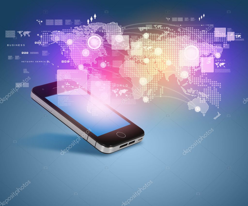 Modern communication technology illustration with mobile phone and high ...