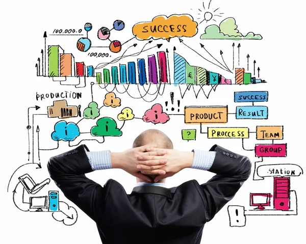 Young businessman sitting thinking dreaming about success profit ...