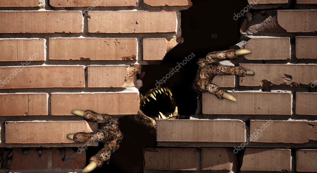 Paws of monster , breaking a brick wall — Stock Photo © frenta #51359899