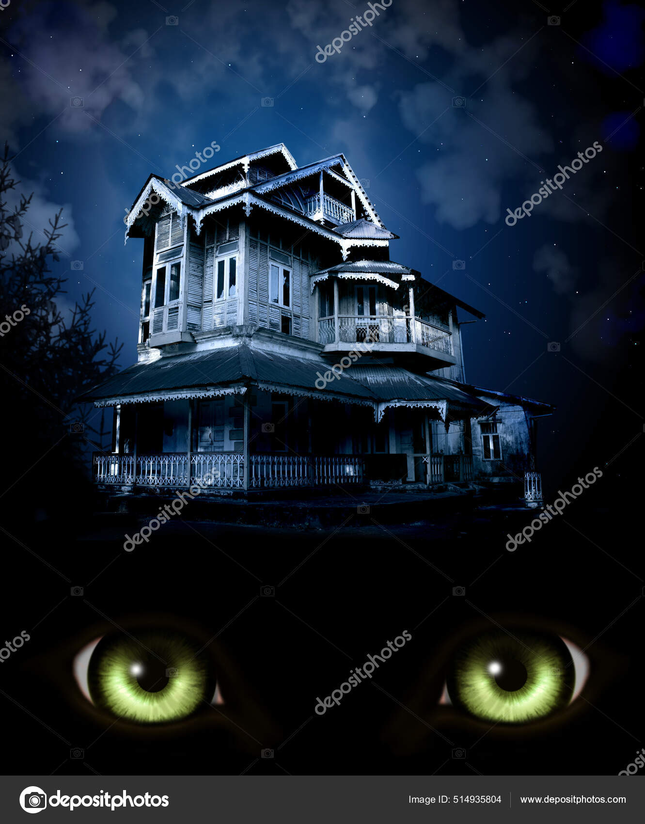 Haunted House Night Sky Background Old Abandoned House Burning Green ...