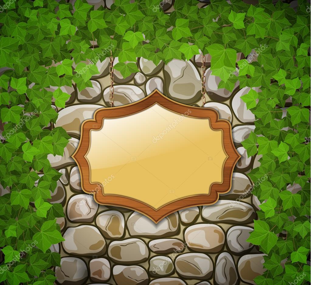 Stone wall with wooden shield and leaves — Stock Vector © d_arts #39894397