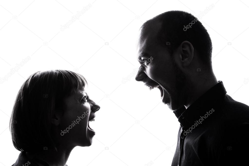 One caucasian couple man and woman face to face screaming shouting ...