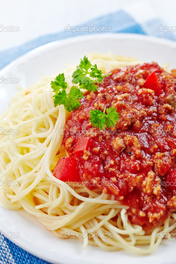 Spaghetti with minced meat and cheese Stock Photo by ©magone 26540605