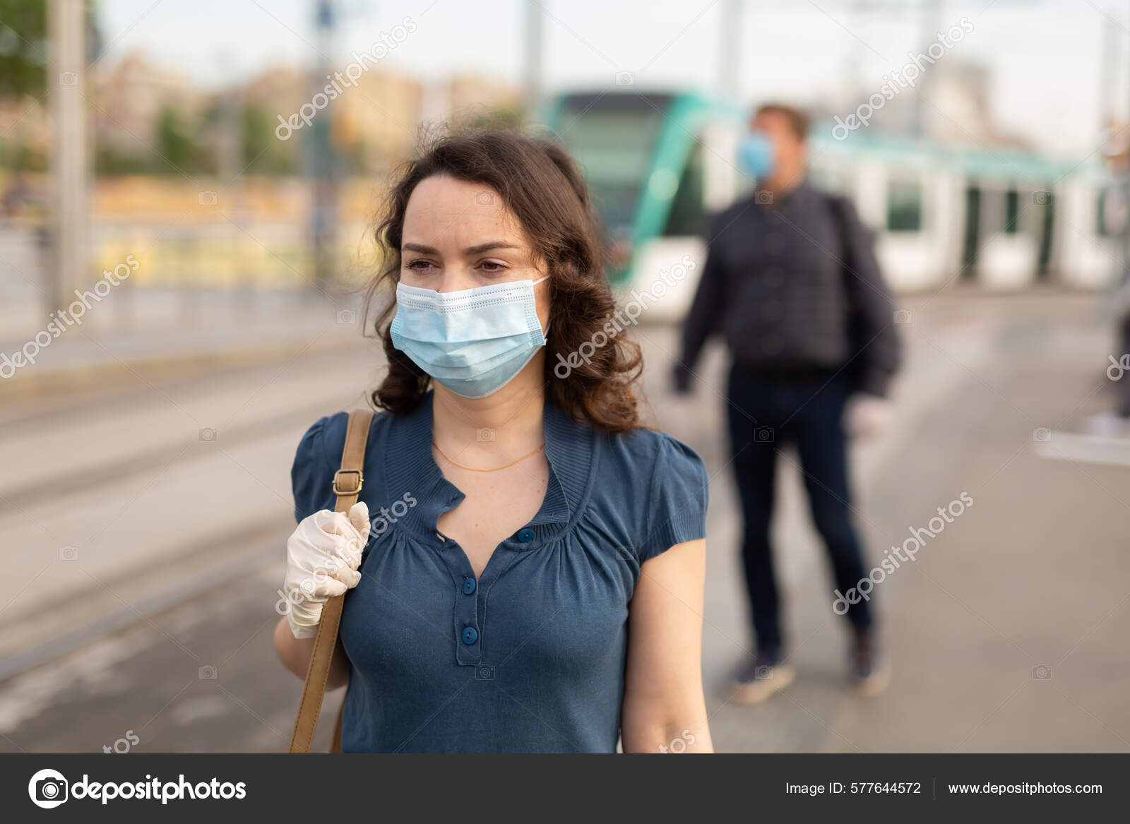 Woman Traveler Personal Protective Equipment Waiting Tram Tram Stop ...