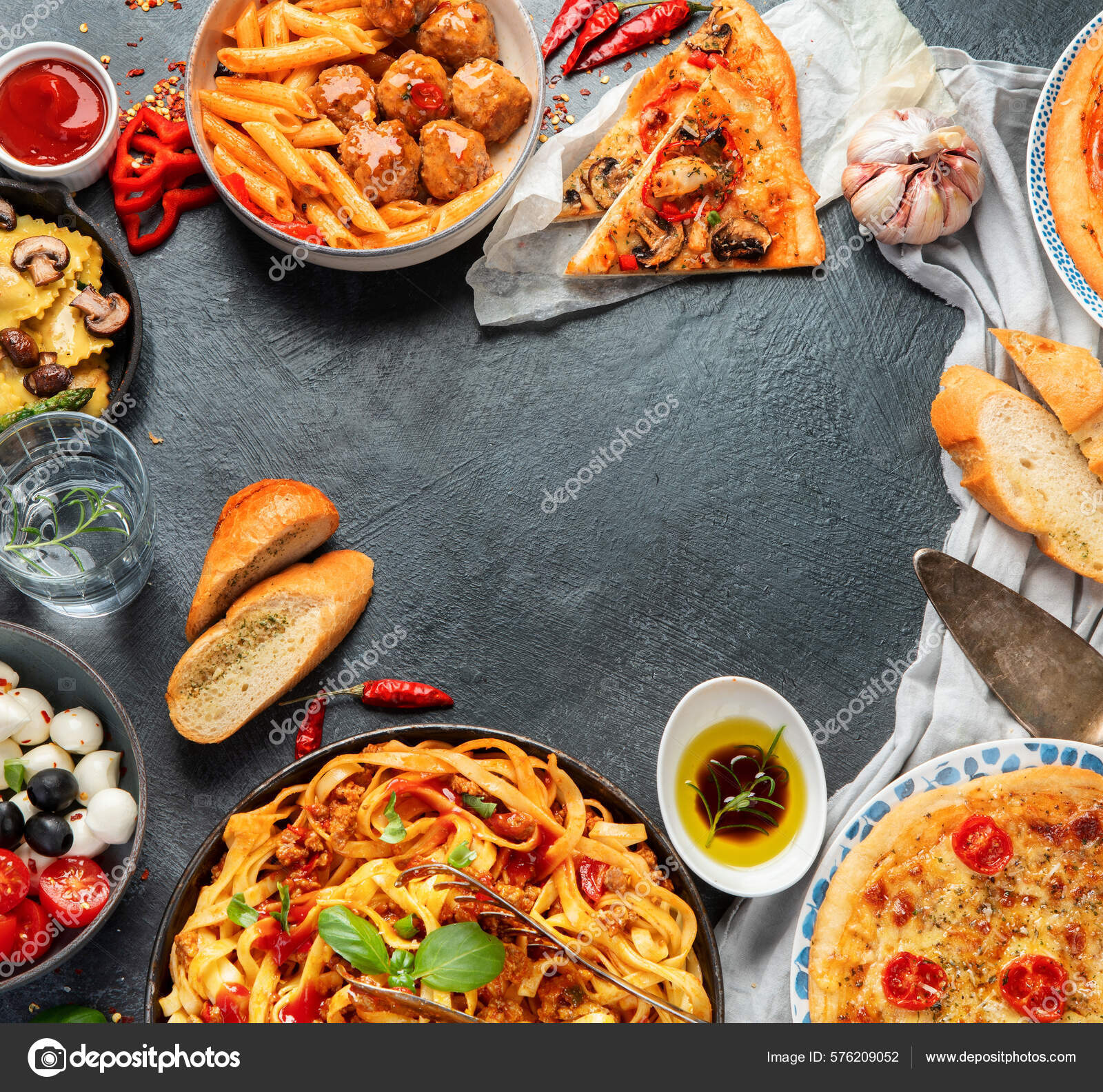 Italian Food Assortment Dark Background Traditional Food Concept Dishes ...