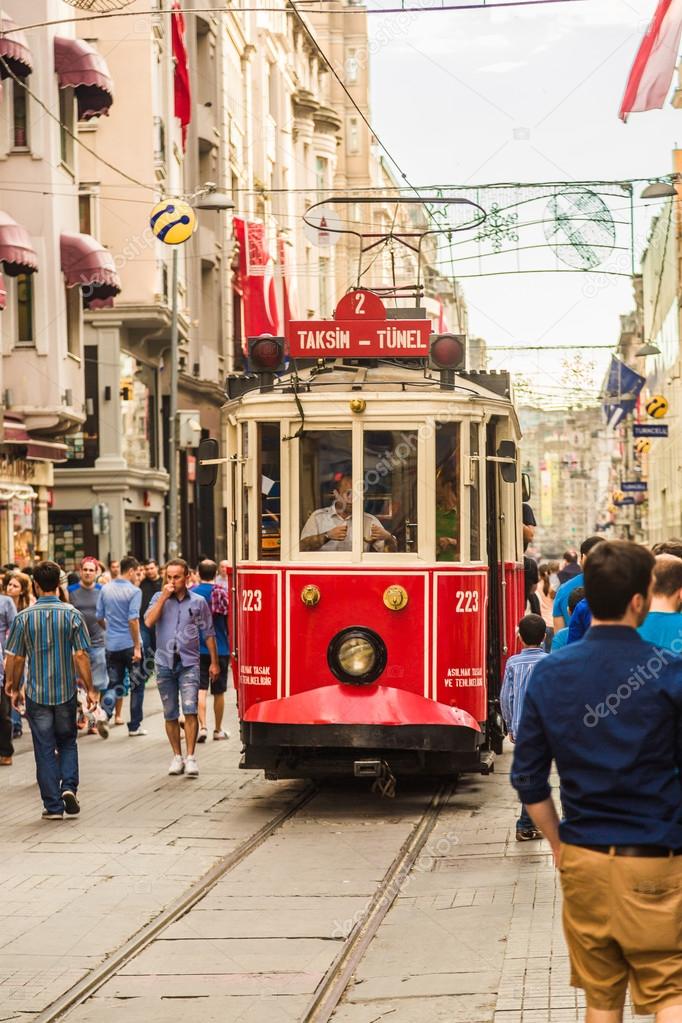 Old red tram in taksim, Istanbul, Turkey – Stock Editorial Photo ...