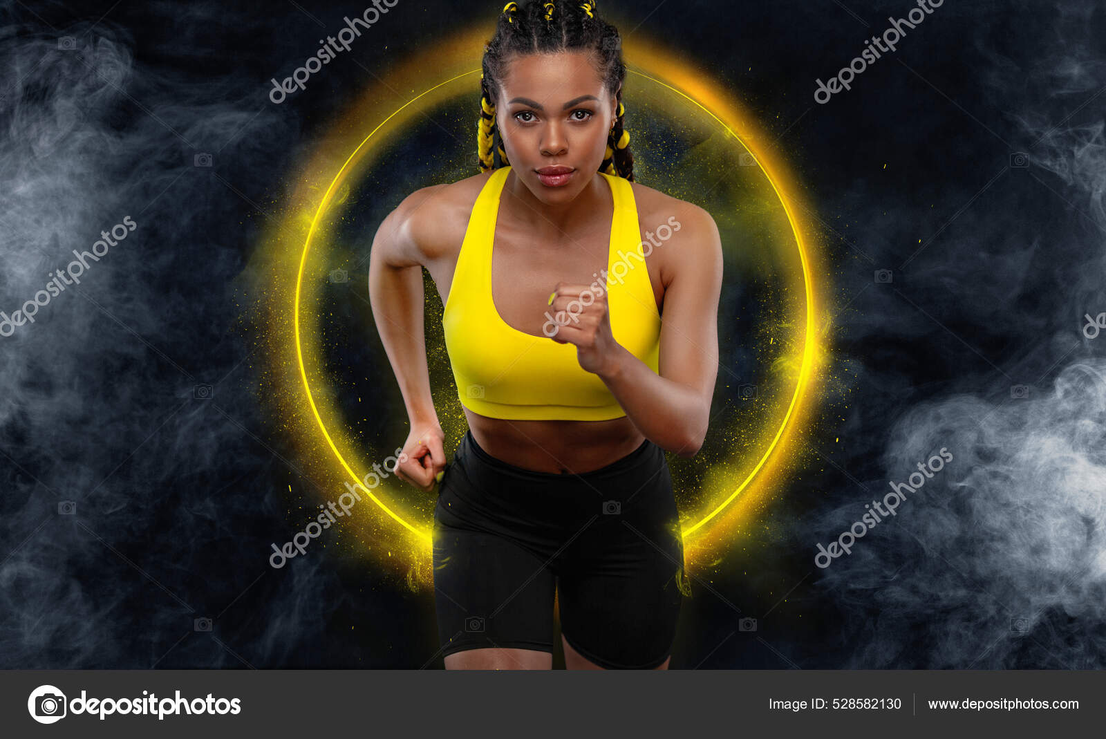 Sprinter run. Strong athletic woman running on black background wearing ...