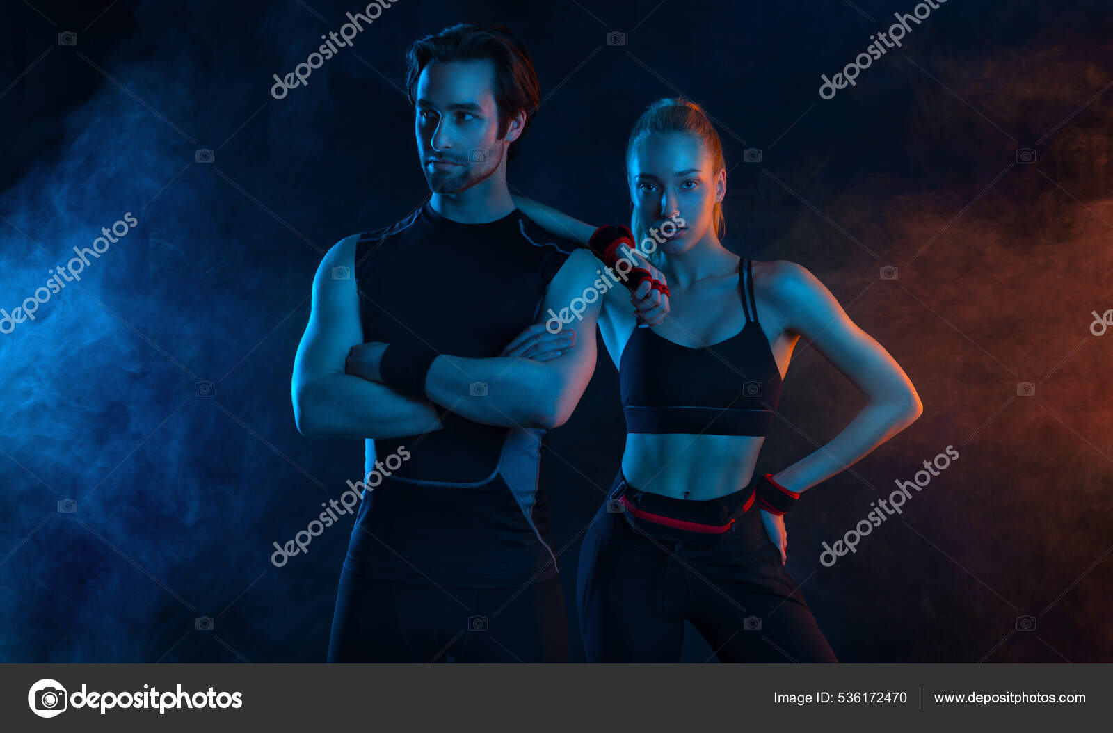 Sprinter run. Strong athletic woman and man running on black background ...