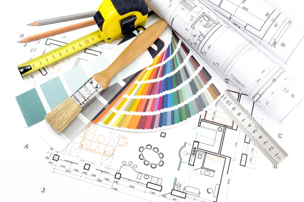 Architect's work tools on blueprints background - Stock Image - Everypixel