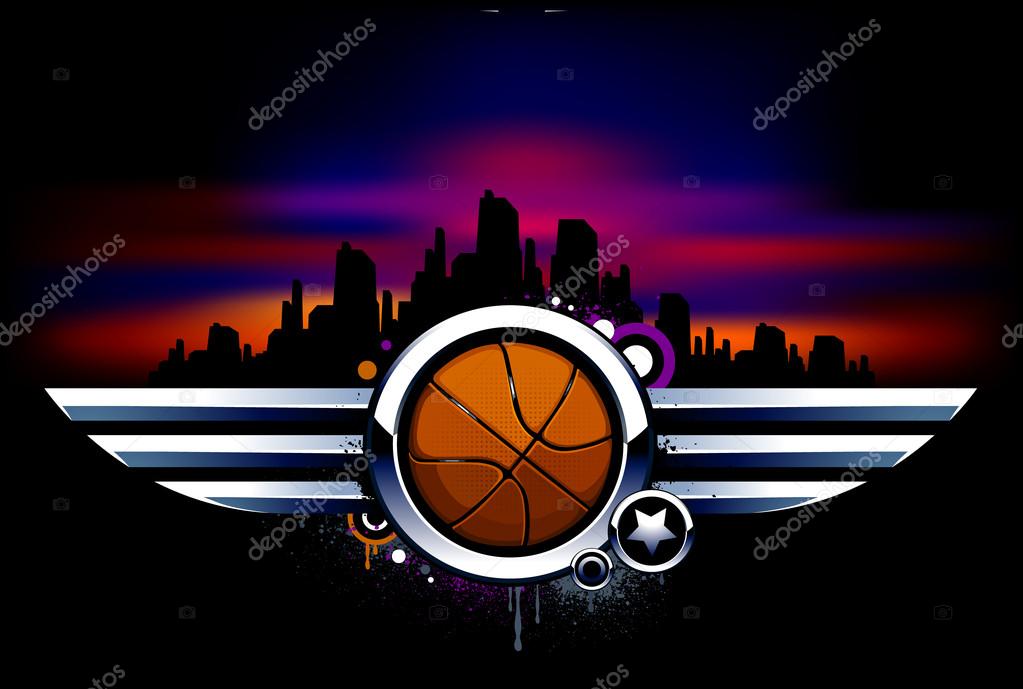 Sport background. Basketball with metal wings. Grunge style with ...