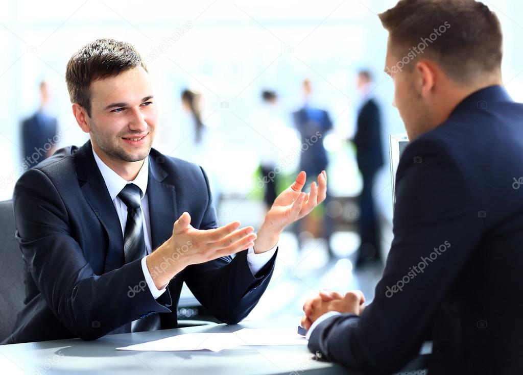 Happy business people talking on meeting at office Stock Photo by ...