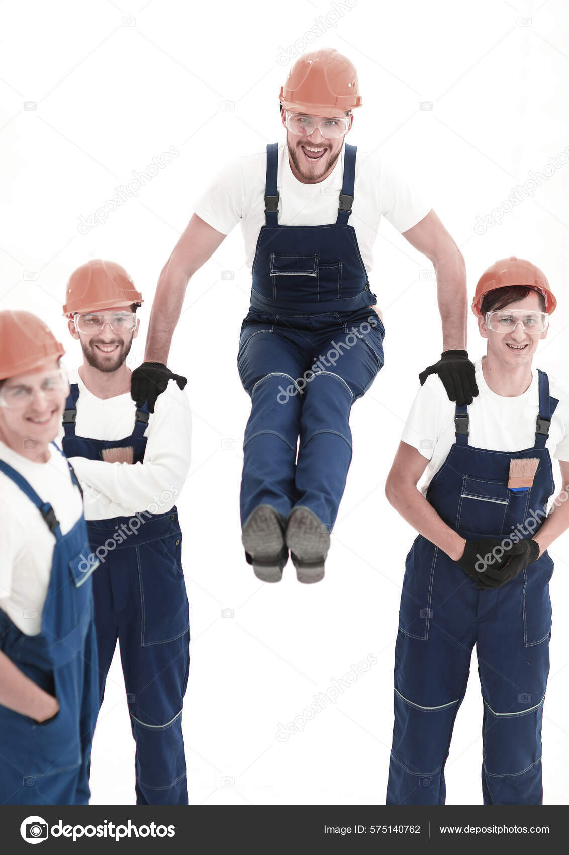 Construction Worker Sitting Shoulders Colleagues Isolated White Concept ...