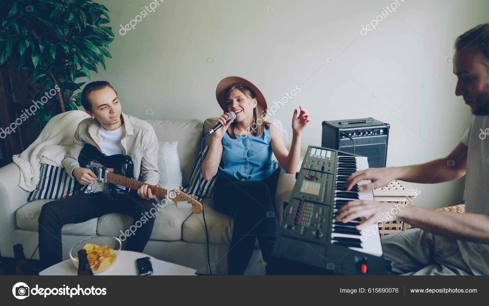 Cheerful Friends Young Musicians Practising House Female Vocalist ...