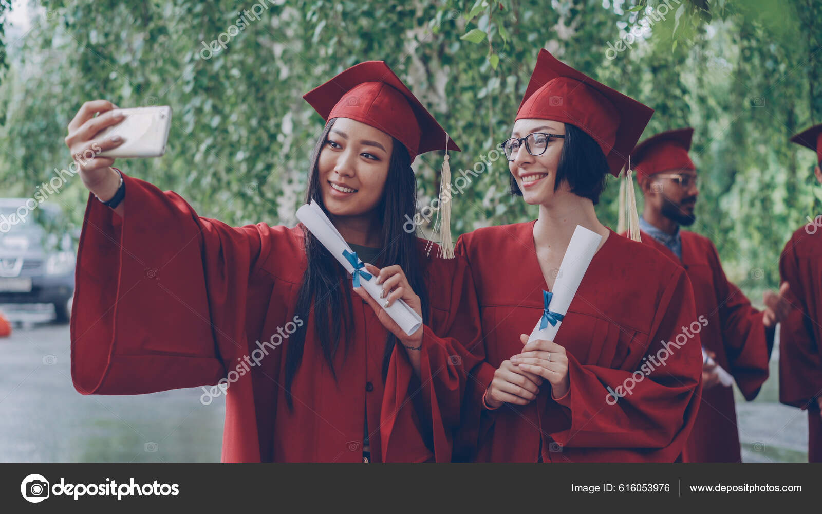 Pretty Girls Graduating Students Taking Selfie Diploma Scrolls Using ...