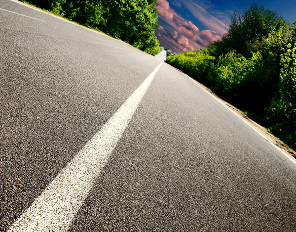 Close White Driving Line Empty Asphalt Road Forest Blue Sky Stock Photo ...