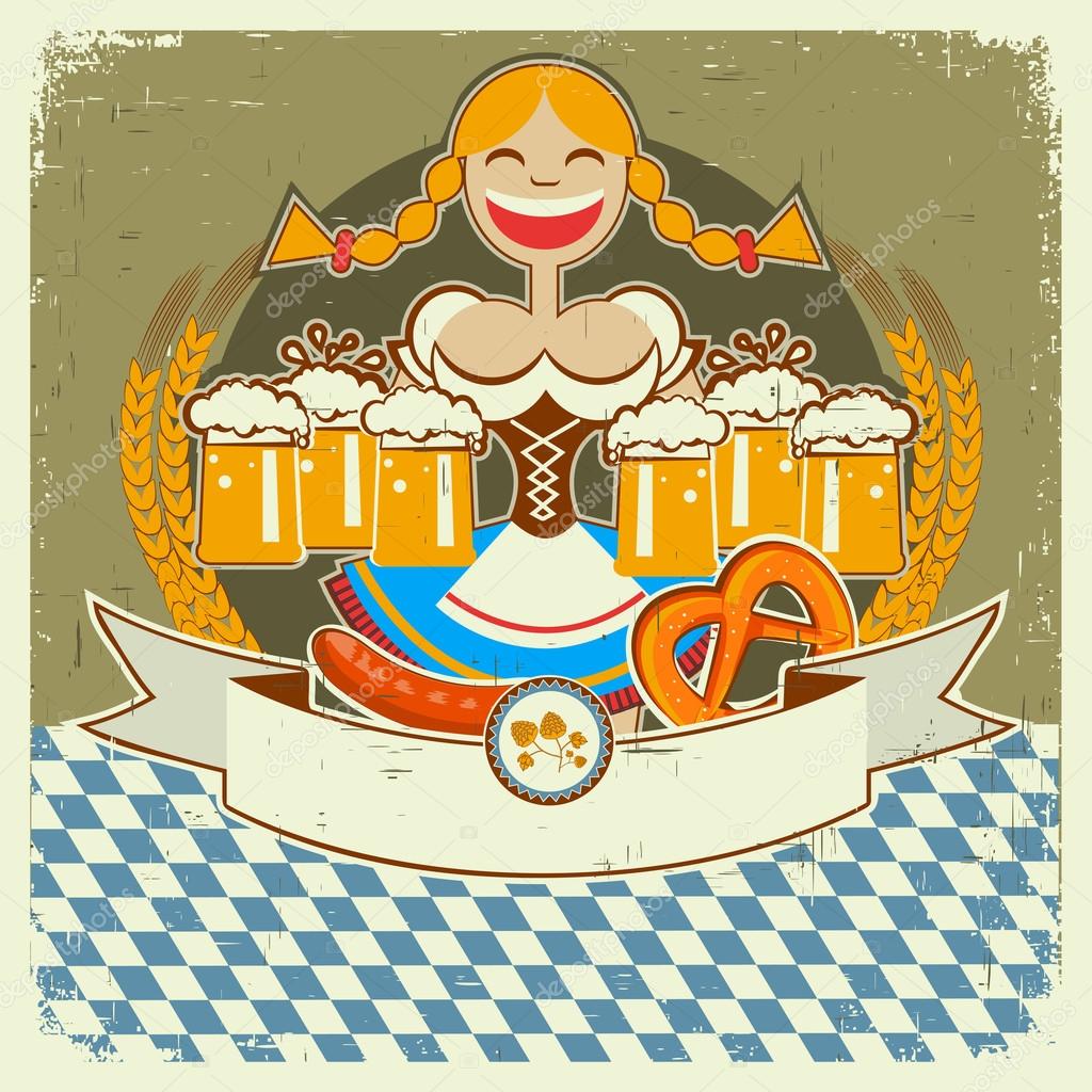 Vintage oktoberfest symbol label with girl and beer on old paper ...