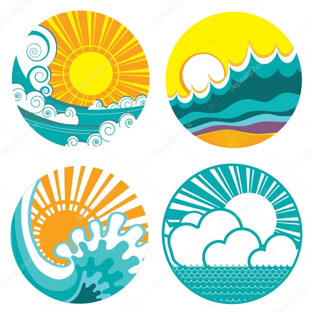 Sun and sea waves. Vector icons of illustration of seascape for Stock ...