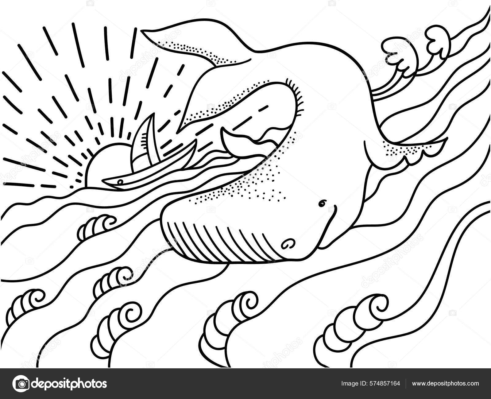Hand Drawn Whale Vector Outline Illustration Sea Waves Ship Vector ...