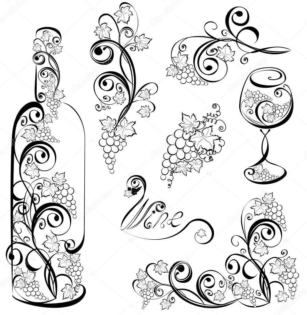 Vector wine design elements. Wine bottle and wineglass with grap ...