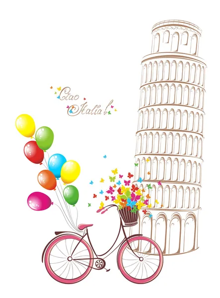 Ciao Italia text with Pisa leaning tower and bicycle. Romantic postcard ...