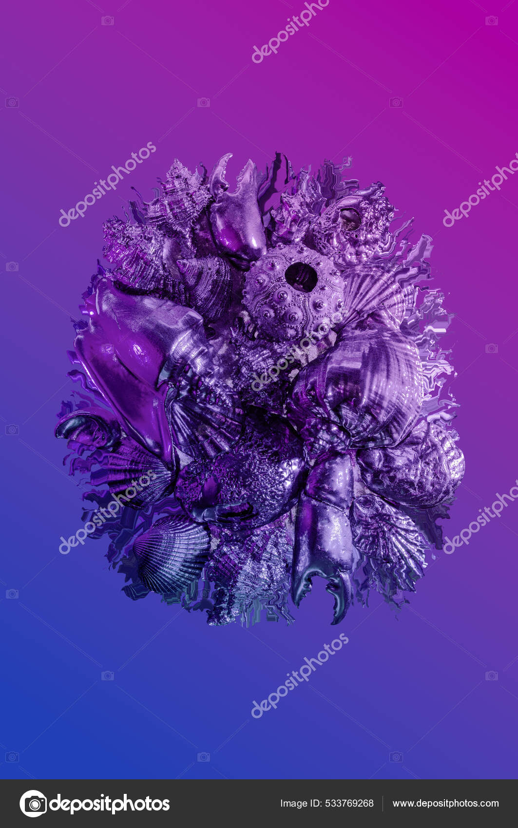 Modern background collage with seashells, sea urchin, crab claws ...