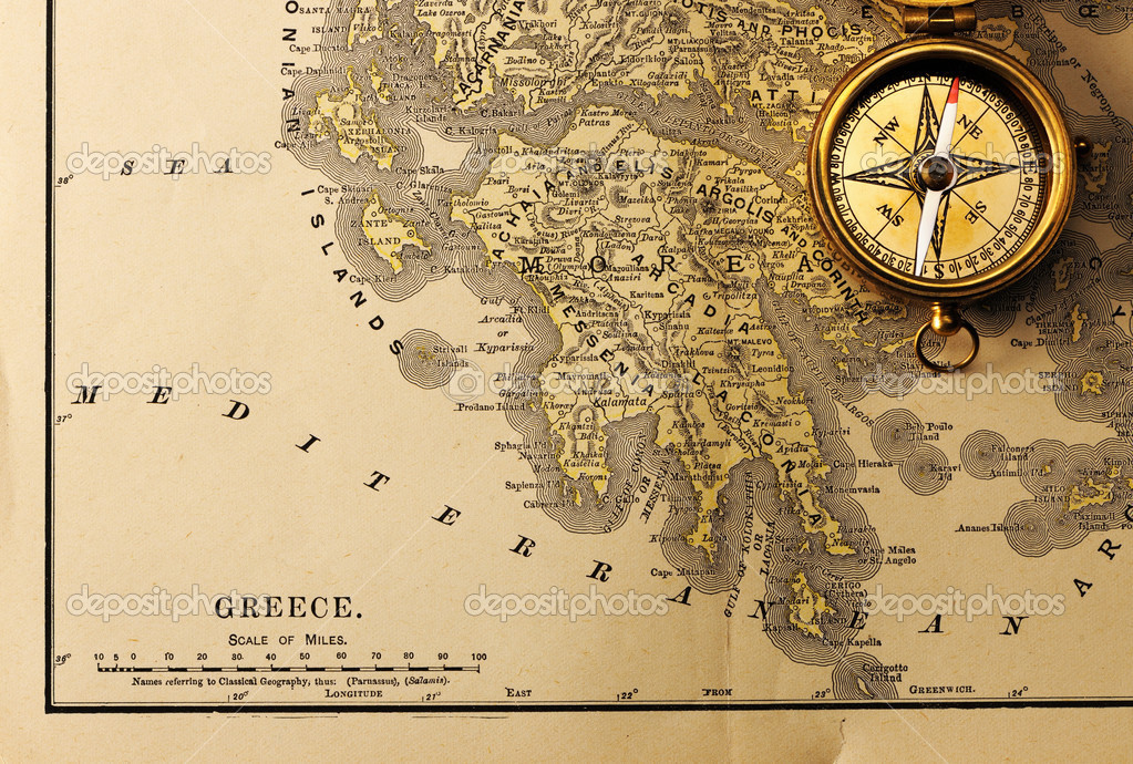 Antique compass over old XIX century map — Stock Photo © haveseen #24500807